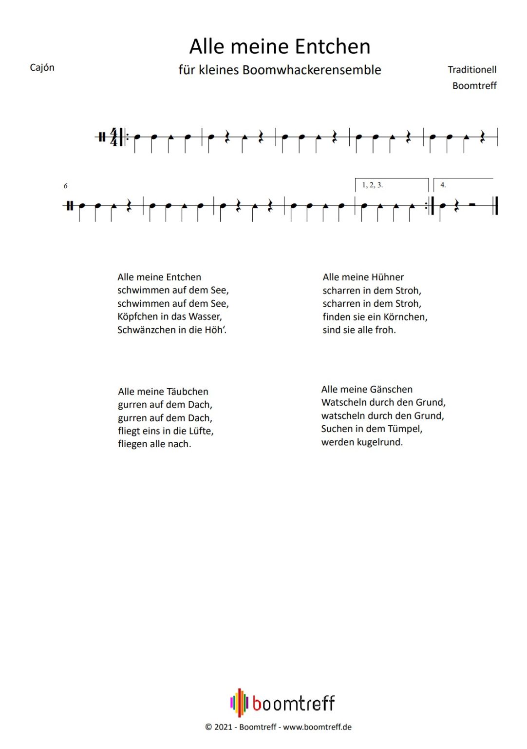 Alle meine Entchen - Noten für Boomwhackers